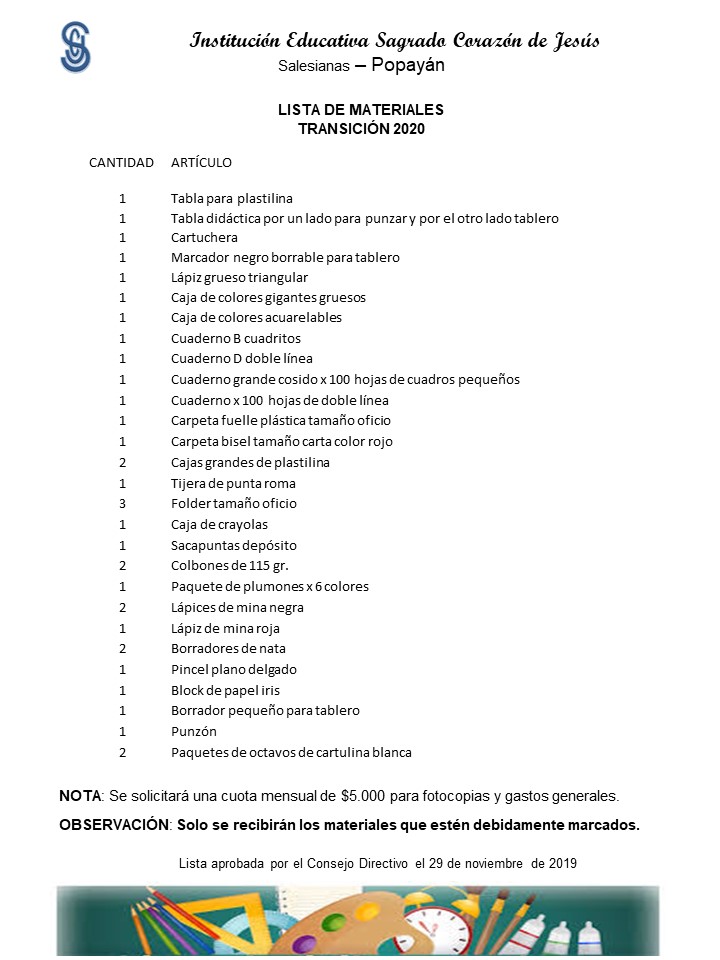 Lista de útiles Transición